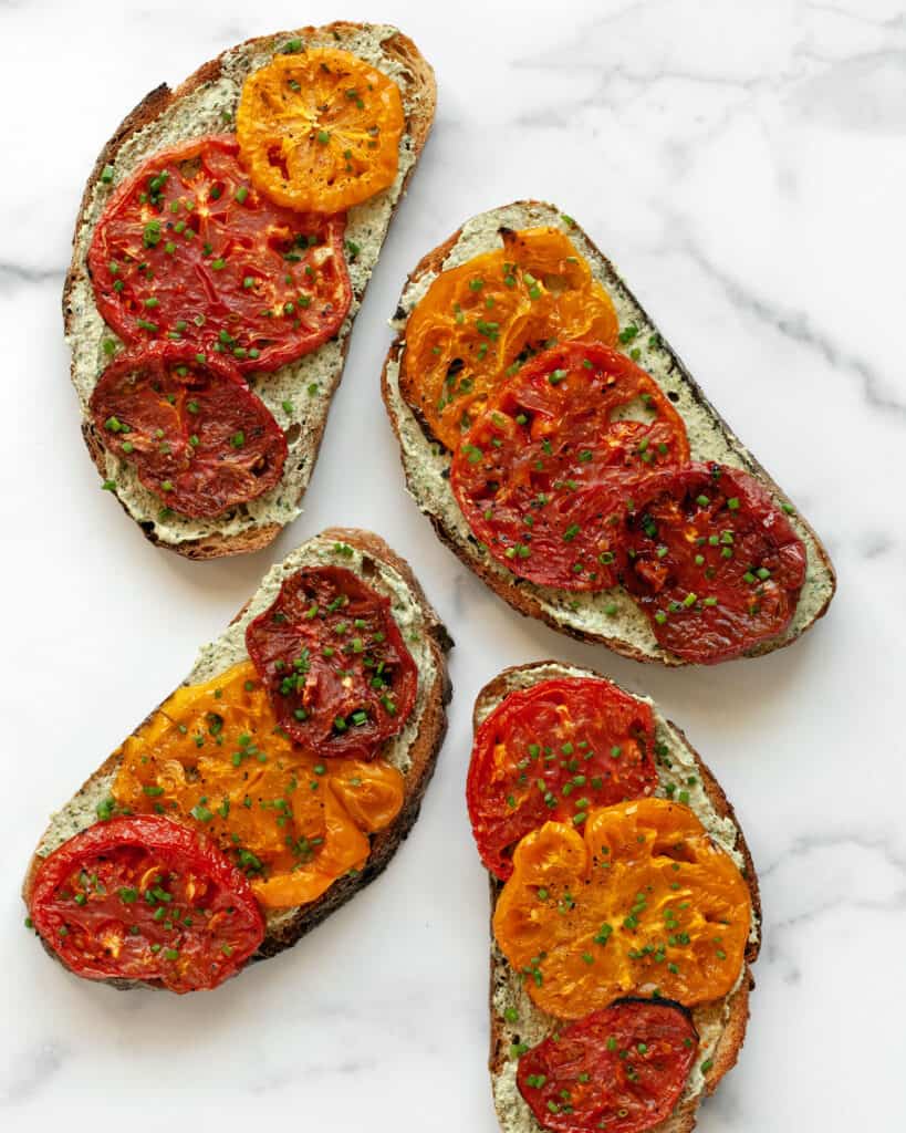Roasted Tomato Toast with Pesto Cheese Spread - Last Ingredient