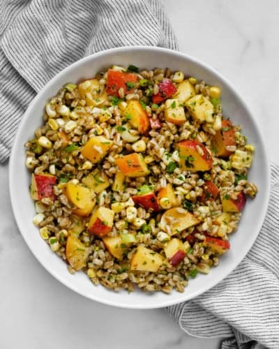 Peach Corn Farro with Vegan Pistachio Pesto | Last Ingredient